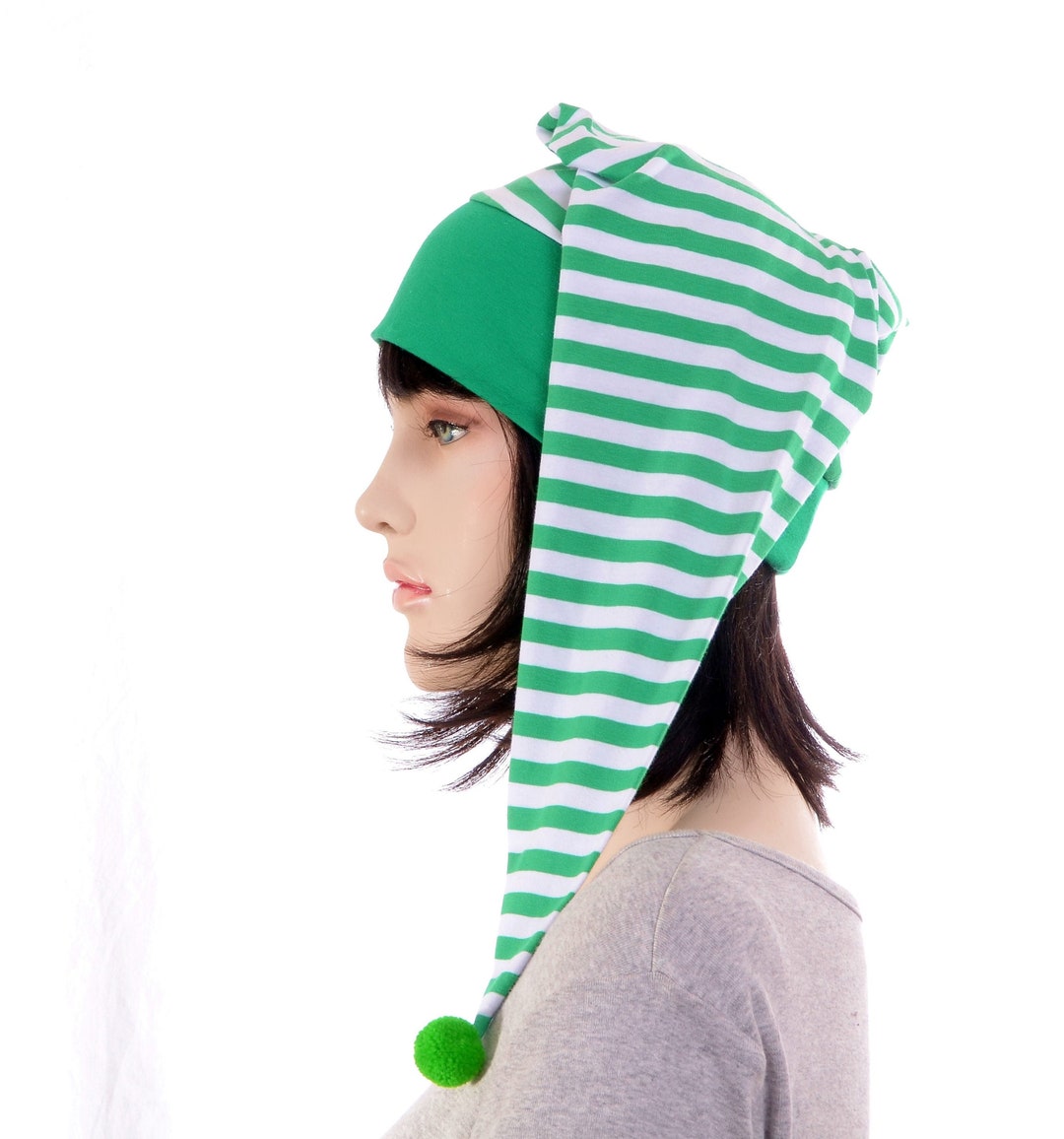 Nightcap Green White Striped Night Cap With Pompom Christmas Holiday ...