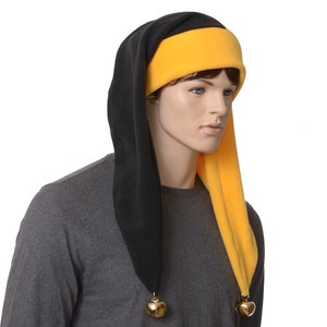 Jester Hat Extra Long Black and Gold Two Pointed Tails Fools Cap Fleece ...