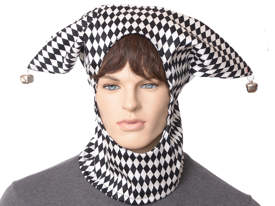 Jester Hood Hat Black and White Harlequin Diamonds Cotton Silver Bells ...