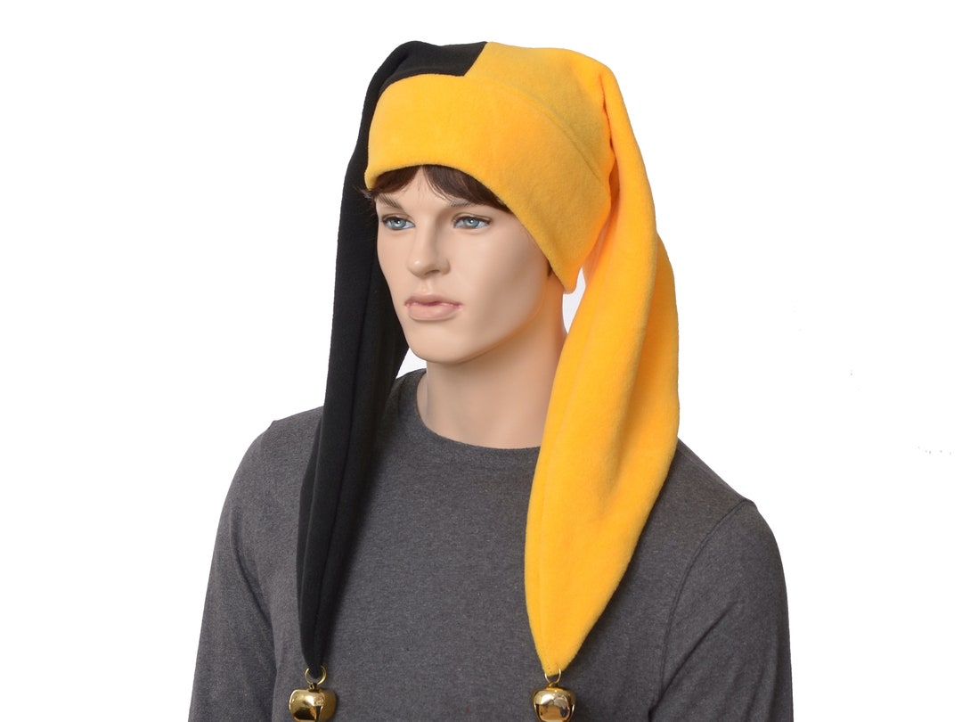 Jester Hat Extra Long Black and Yellow Gold Two Pointed Tails Fools Cap ...