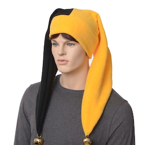 Jester Hat Extra Long Black and Gold Two Pointed Tails Fools Cap Fleece ...