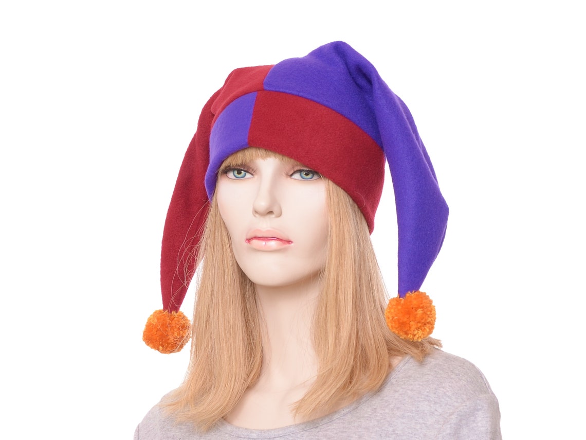 Jester Hat Burgundy Purple Harlequin Cap With Gold Pompoms | Etsy
