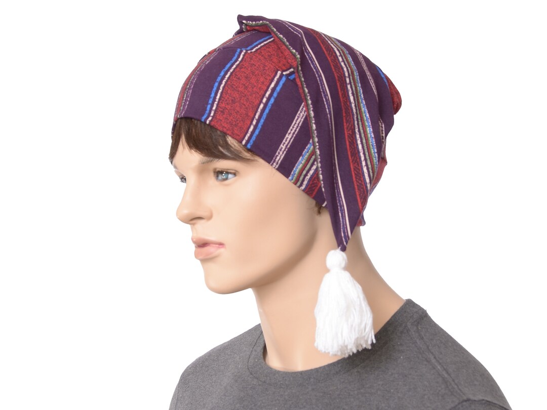 Sleeping Hat Striped Purple Red White With Tassel Nightcap Style Soft ...