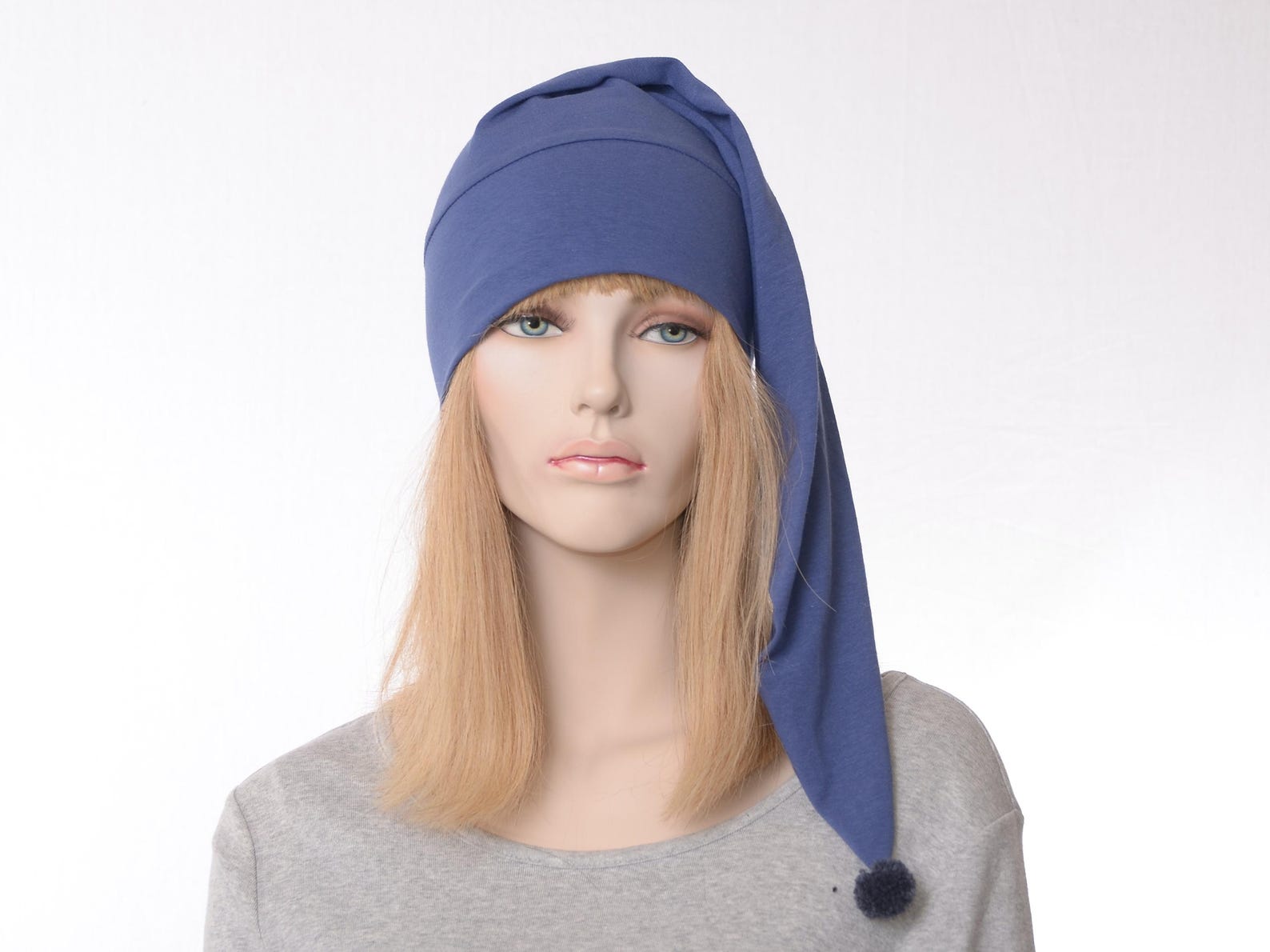 Cotton Sleep Cap: Blue Nightcap With Pompom - Chemo Cancer Headwear - Etsy