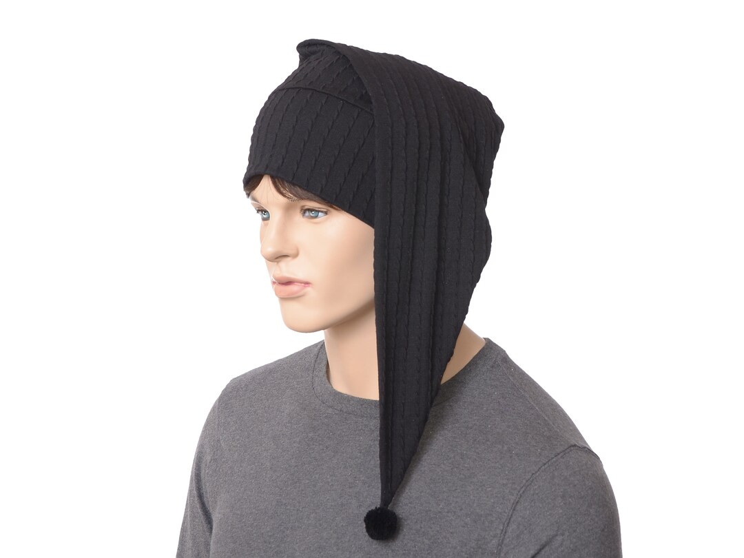 Night Cap Black Textured Stripes Pointed Nightcap With Pompom Adult Men ...