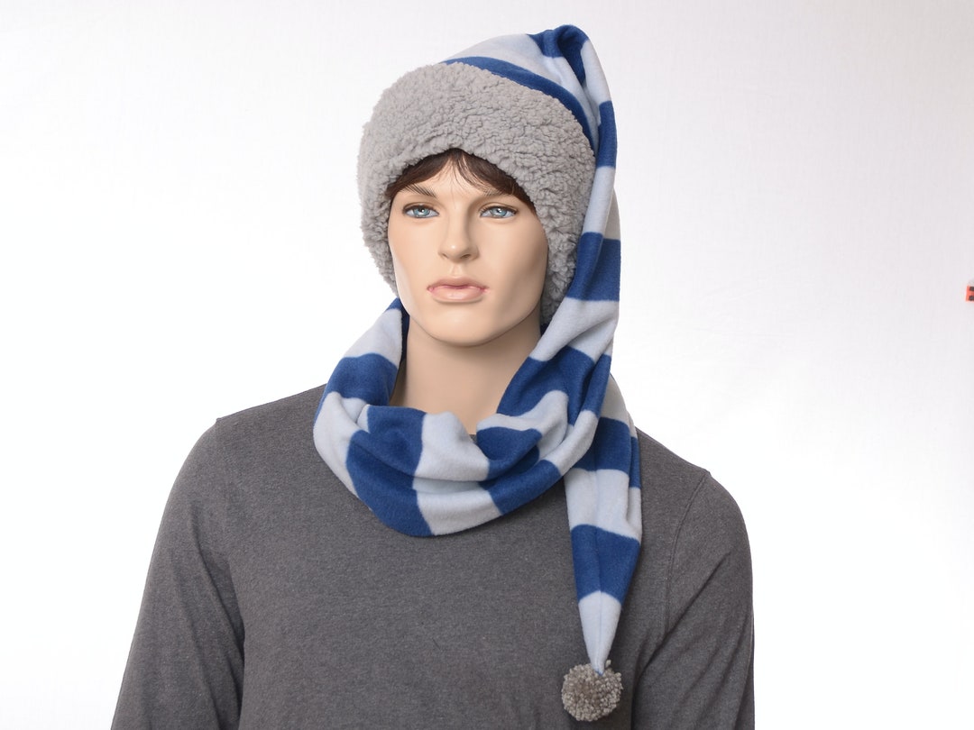 Striped Stocking Cap Navy Blue Gray Wrap Around Scarf Hat Pointed Grey ...