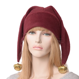 Burgundy Jester Hat Fleece Harlequin Cap Two Point Gold Oversized Bells ...
