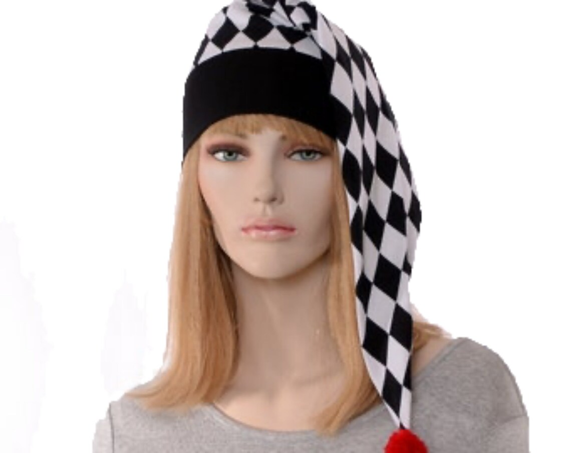 Harlequin Hat Night Cap With Red Pompom Cotton Adult Men Women - Etsy