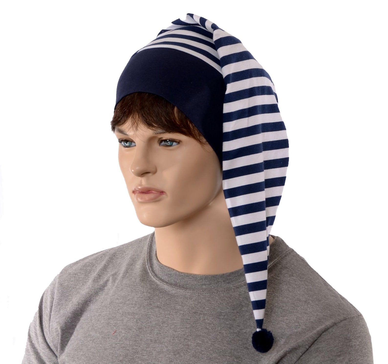 Night Cap Navy White Striped Nightcap With Pompom Cotton Adult - Etsy
