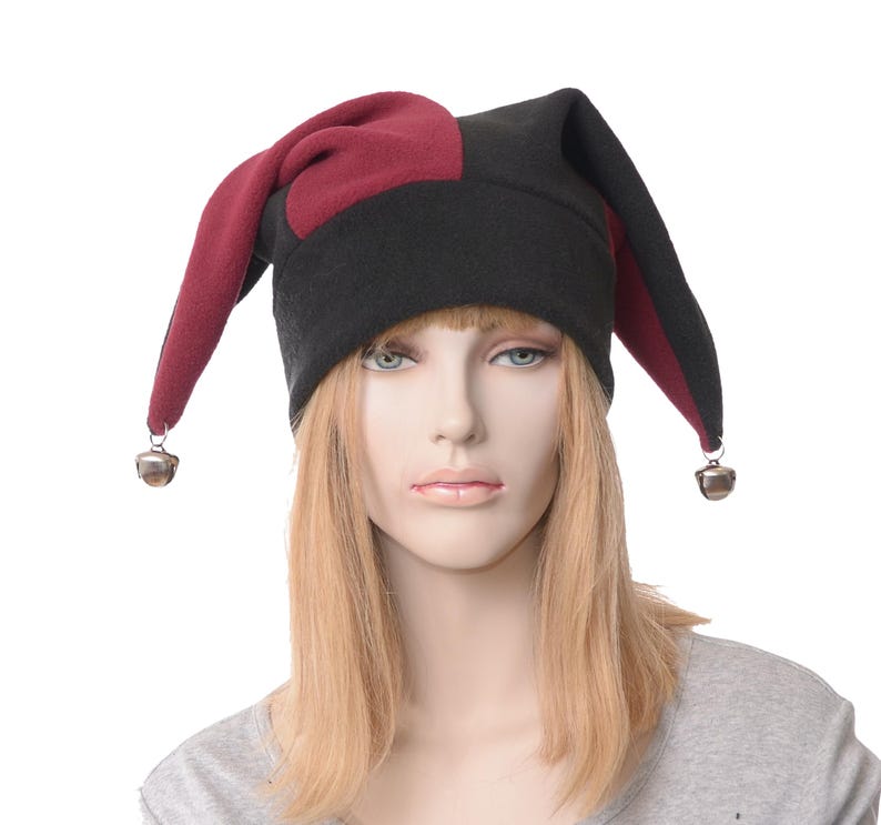 Jester Hat Burgundy Black With Silver Bells Fleece Harlequin Cap Fools ...