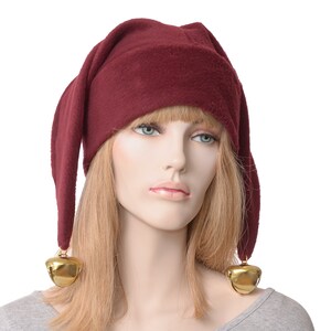 Burgundy Jester Hat Fleece Harlequin Cap Two Point Gold Oversized Bells ...