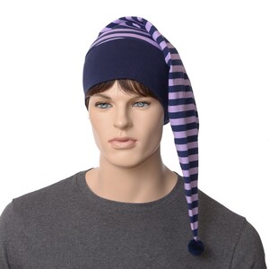 Night Cap Navy Blue Purple Striped Cotton Nightcap With Pompom Adult ...