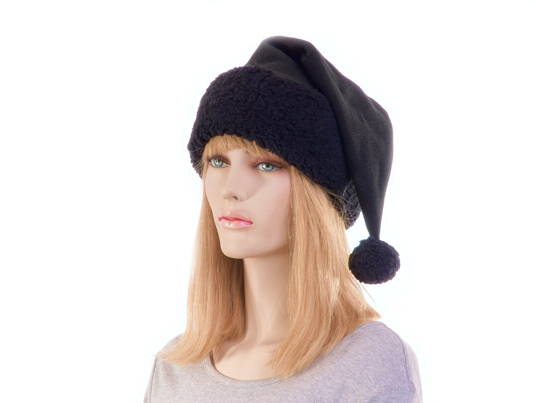 Stocking Cap Black on Black Long Tail Sherpa Headband Santa - Etsy