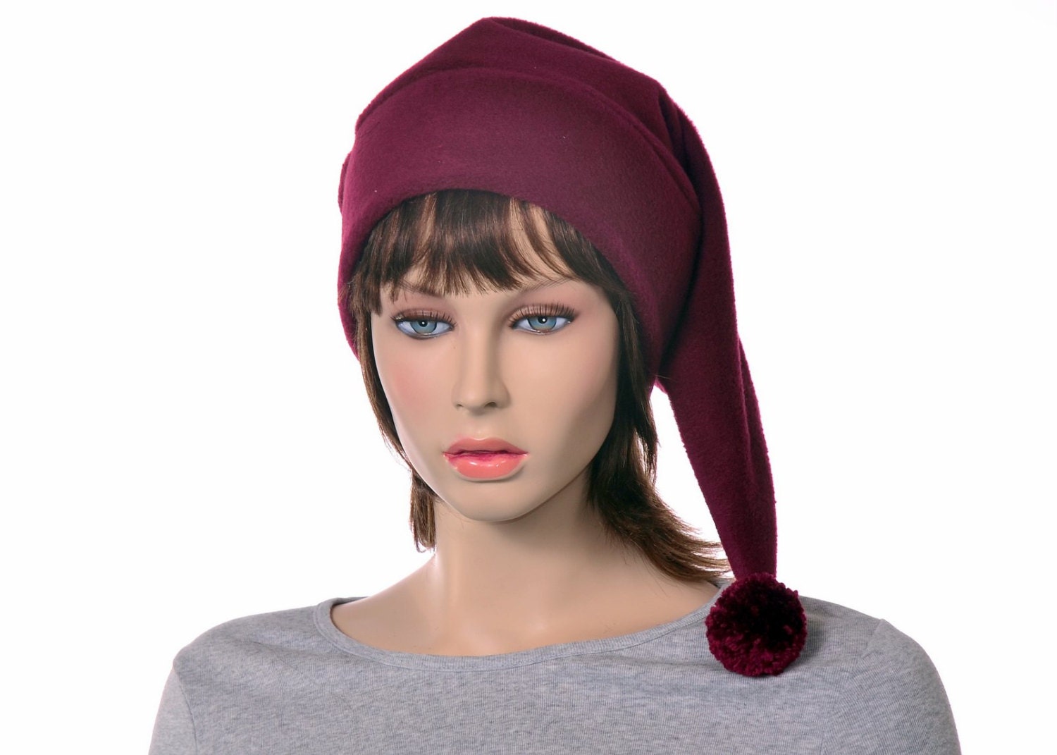 Stocking Cap Burgundy Pointed Tail Hat Pompom Long Beanie Maroon Adult ...