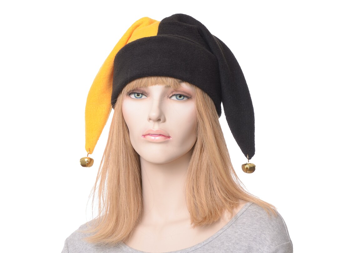 Jester Hat Black Yellow Harlequin Cap Bells Fleece Costume Royal Fool ...