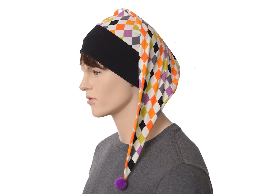 Nightcap Style Harlequin Cap : Checkered Cotton Jester Hat With Pompom ...