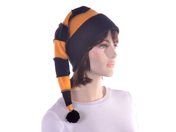 Black Gold Stocking Cap Long Pointed Hat with PomPom | Etsy
