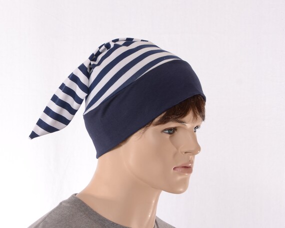 Striped Night Cap Navy Blue White Pointed Sleep Cap Unisex | Etsy