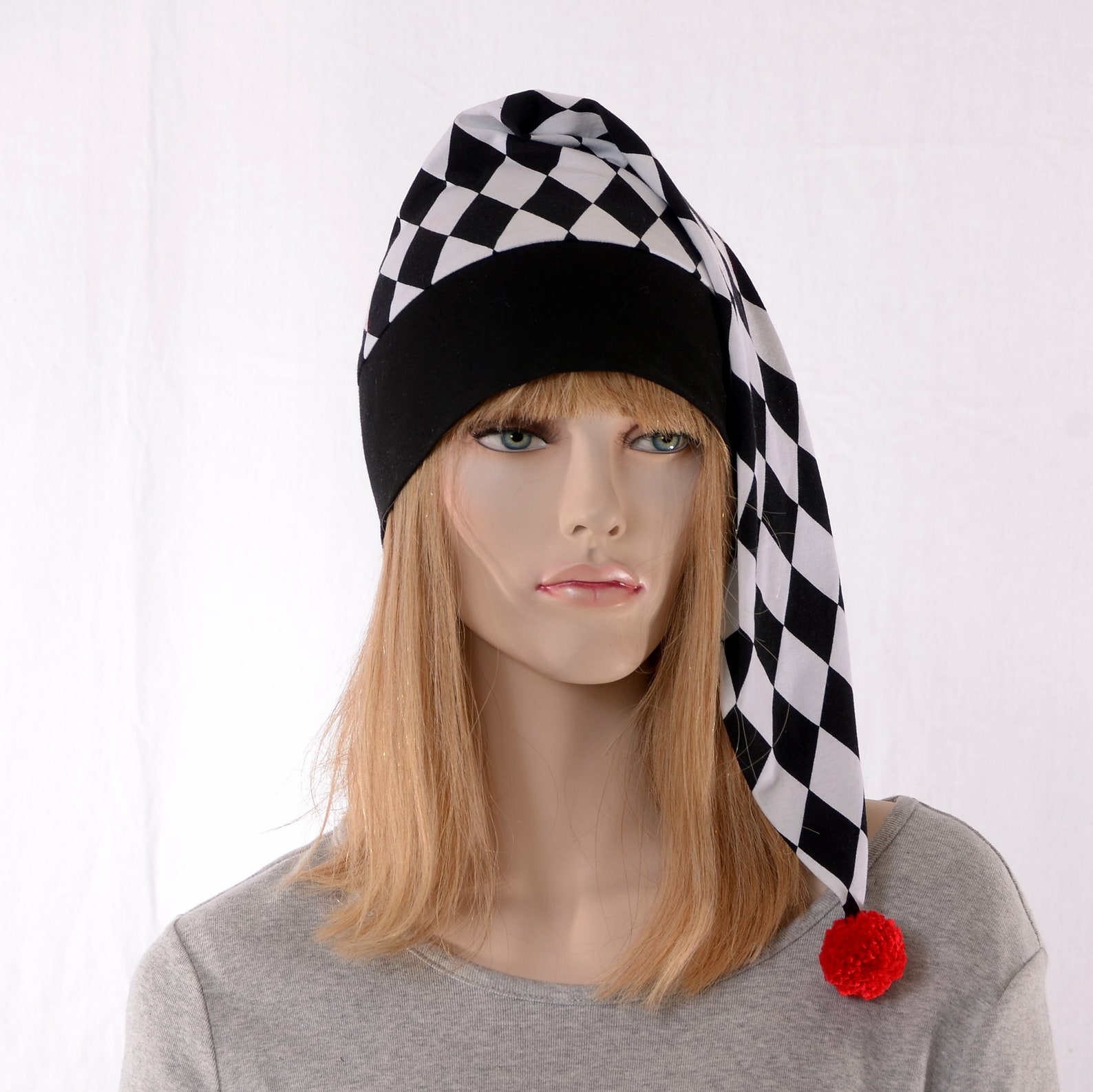 Harlequin Hat Night Cap With Red Pompom Cotton Adult Men Women - Etsy