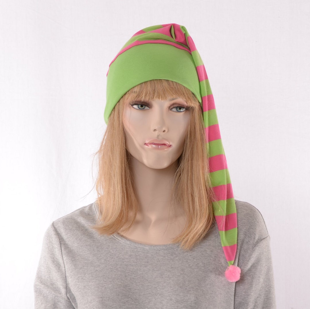 Sleep Hat Nightcap Green Pink Stripe Pointed Hat Cotton Night Cap Elf ...