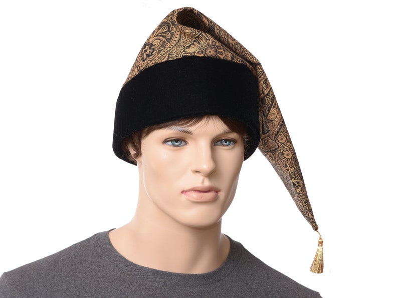 Wizard Hat Velvet Brocade Black Gold Pointed Hat Adult Men - Etsy