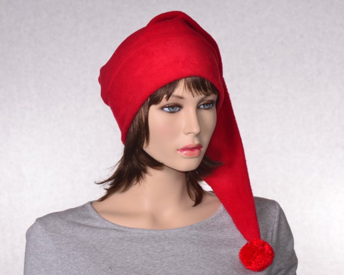Red Stocking Cap Shoulder Length Fleece Hat Long Christmas Elf - Etsy
