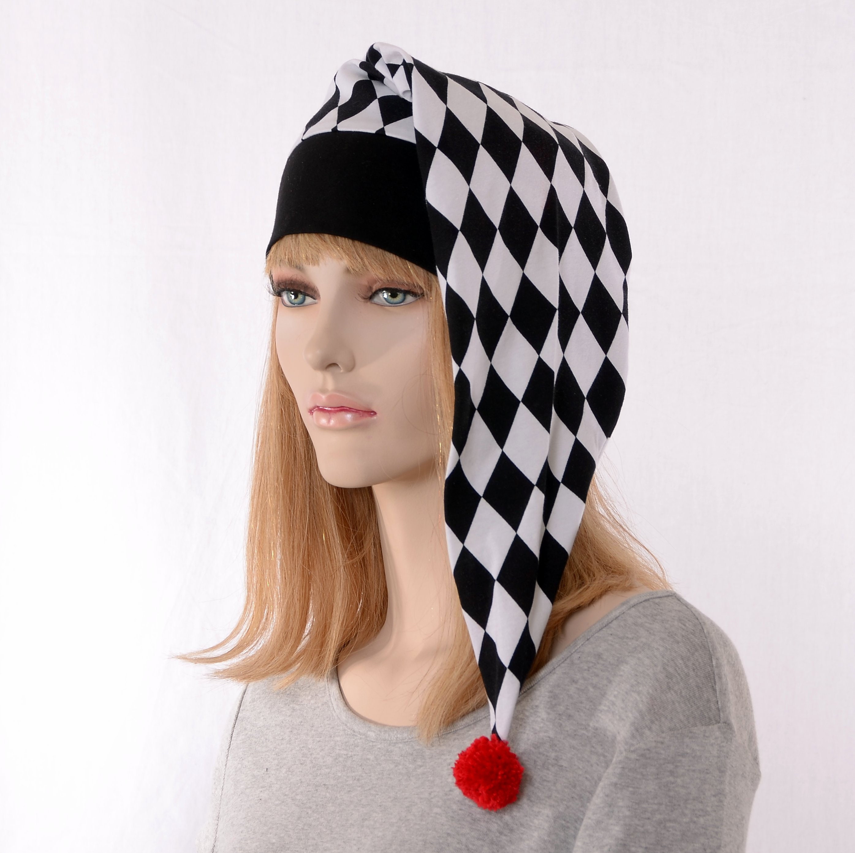 Harlequin Hat Night Cap with Red Pompom Cotton Adult Men Women Jester ...