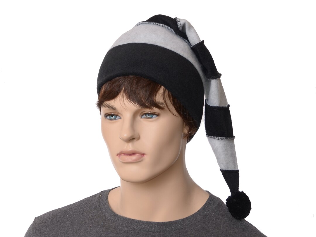 Stocking Cap Black Gray Stripes Hat Pointed Beanie With Pompom Fuzz ...