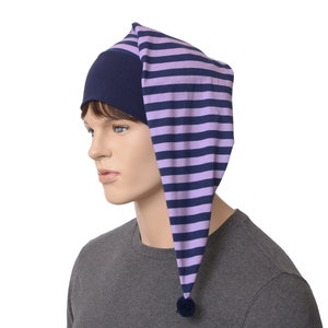 Night Cap Navy Blue Purple Striped Cotton Nightcap With Pompom Adult ...