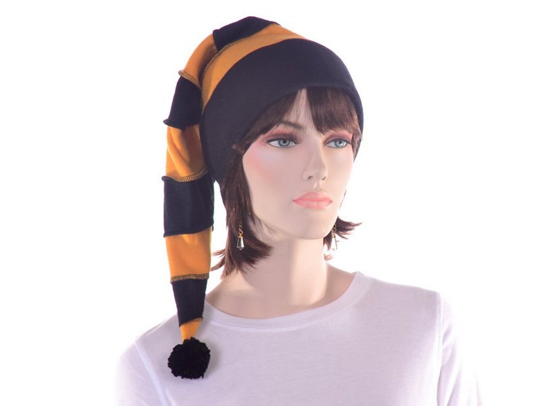 Black Gold Stocking Cap Long Pointed Hat With Pompom - Etsy