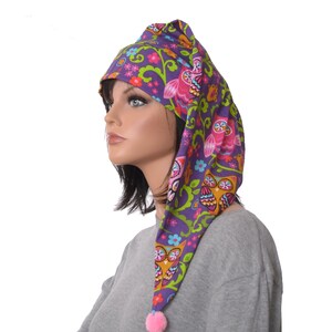 Nightcap Owls and Flowers Purple Pink Yellow Adult Men Women Pompom ...