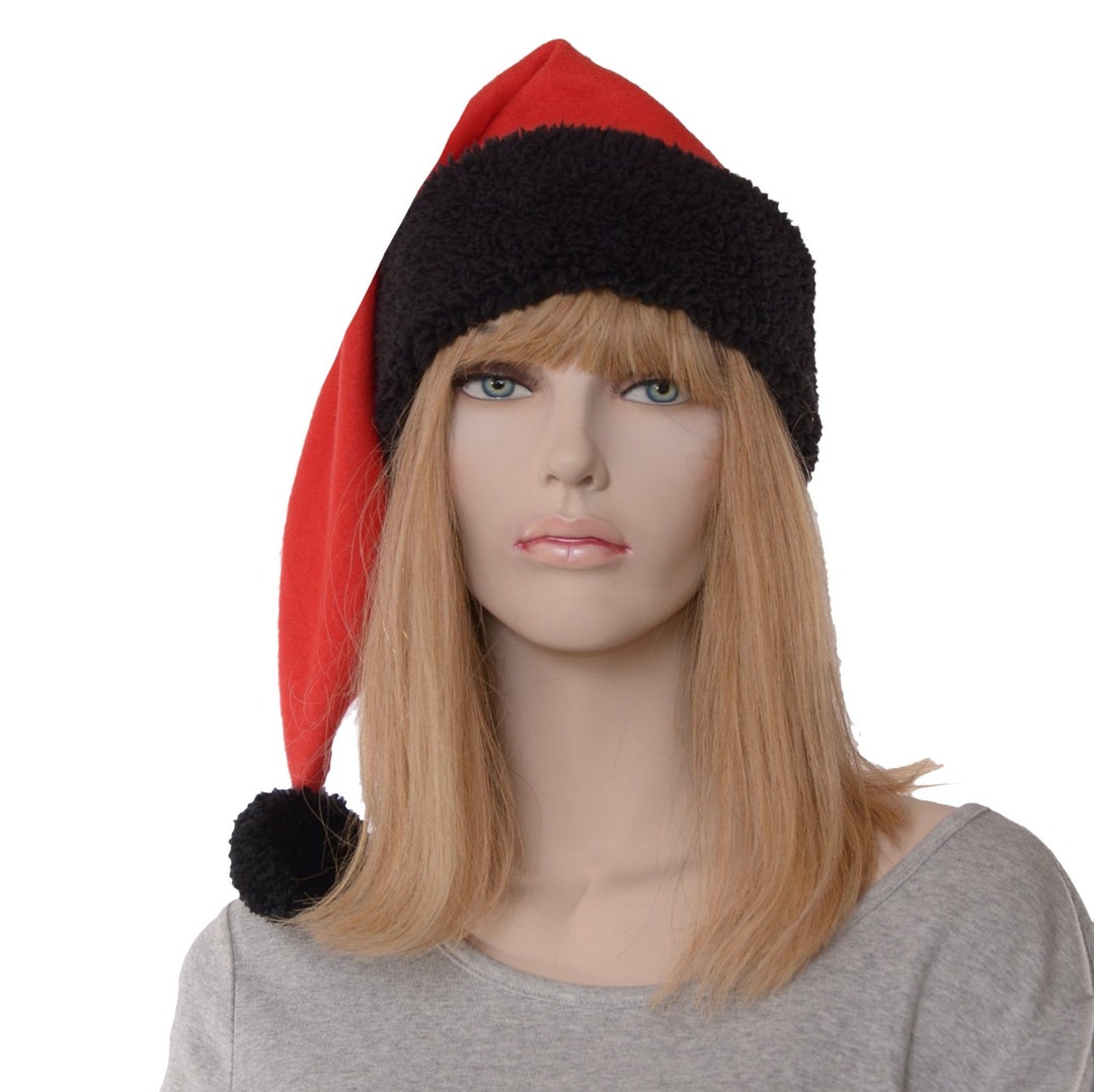 Long Stocking Cap Red Fleece Black Sherpa Headband Mens Women Fuzz Ball ...
