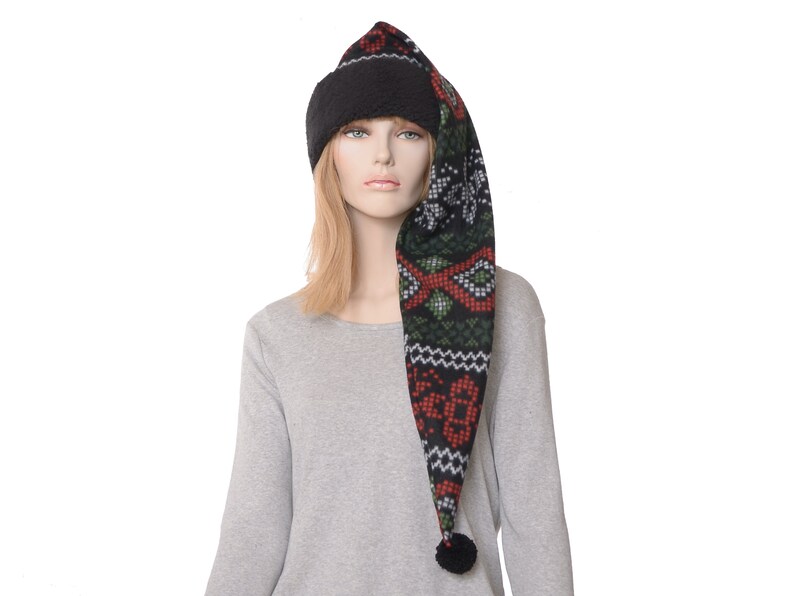 Fair Isle Fleece Stocking Cap: Black Sherpa Trim, Winter Pom Pom Hat - Etsy