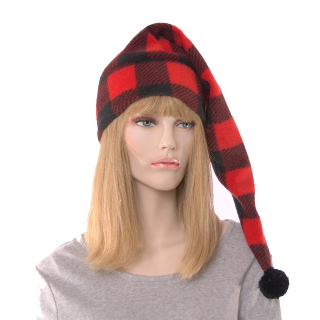 Buffalo Plaid Fleece Stocking Cap: Red Black With Pompom Adult Mens ...