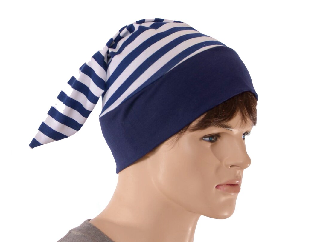 Striped Night Cap Navy Blue White Pointed Pompom Unisex Adult Men Women ...
