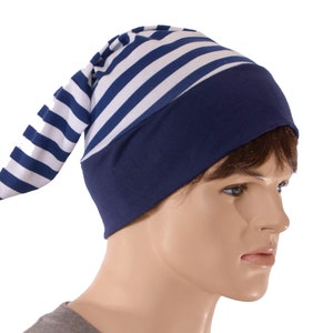 Striped Night Cap Navy Blue White Pointed Pompom Unisex Adult Men Women ...