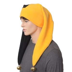 Jester Hat Extra Long Black and Gold Two Pointed Tails Fools Cap Fleece ...