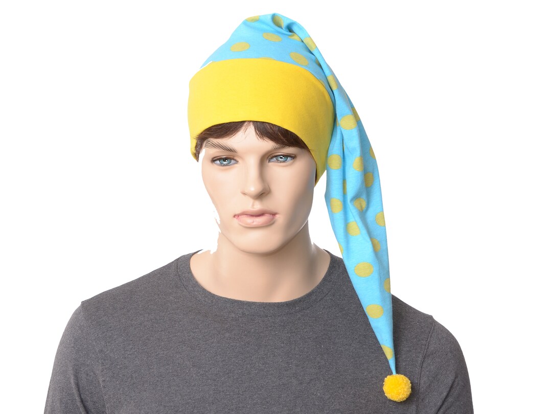 Nightcap Blue With Yellow Polka Dots Adult Men Women Pompom Cosplay Night Cap Sleep Hat Etsy
