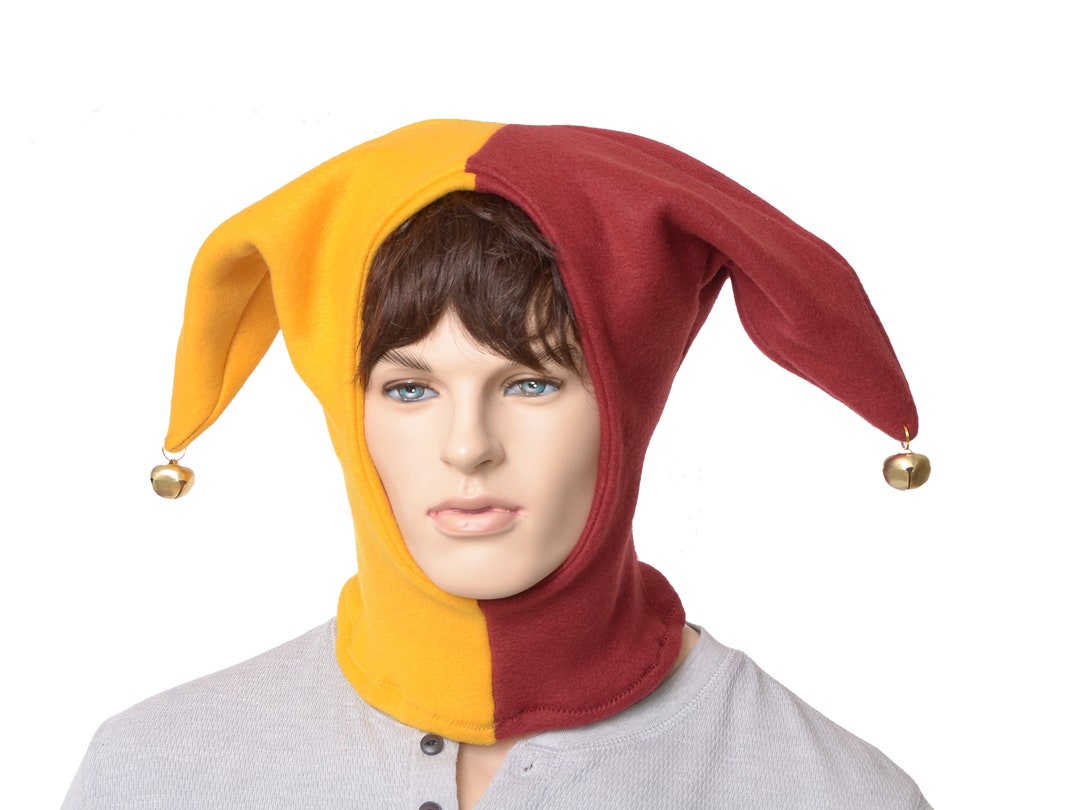 Jester Hood Dark Red and Gold Hat Made of Fleece With Bells Harlequin ...