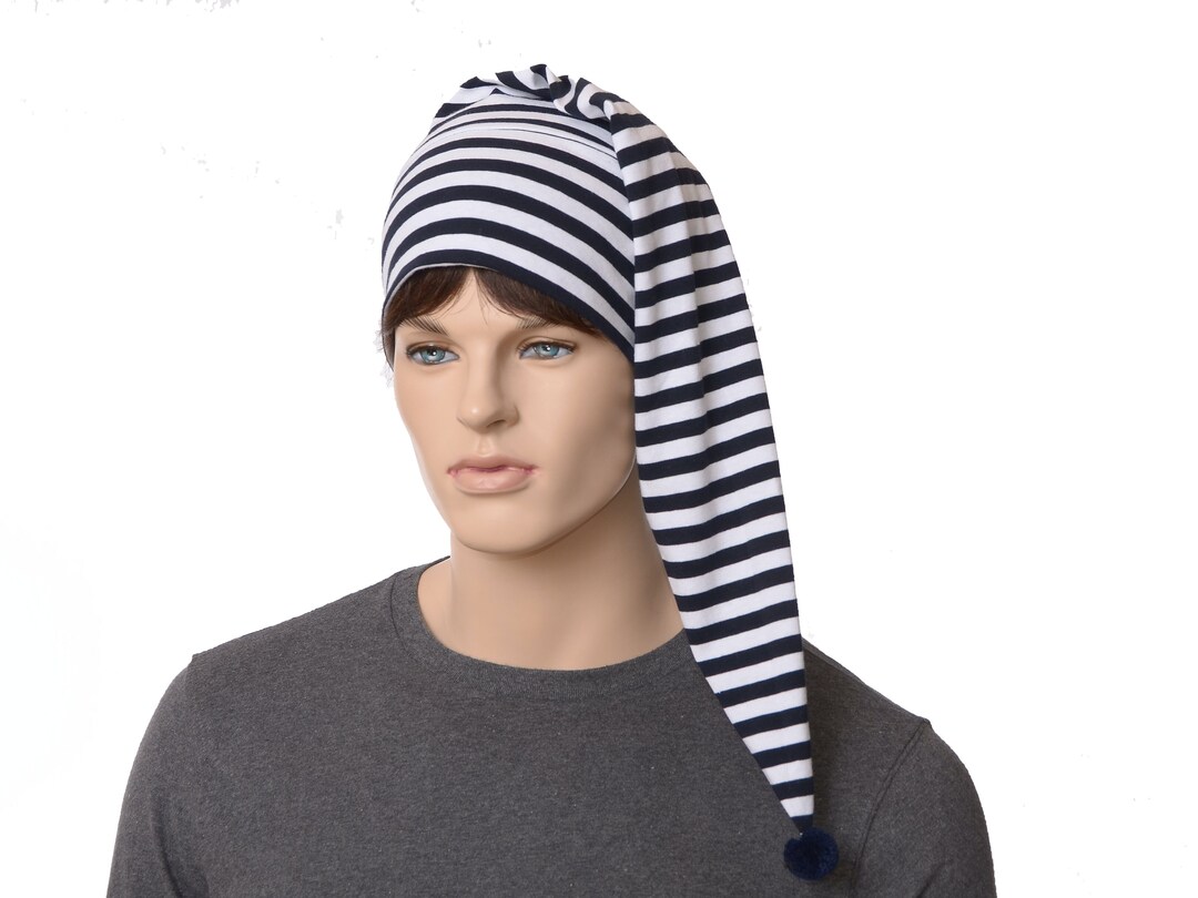 Sleep Hat Night Cap Navy Blue White Striped Cotton Nightcap Pompom ...