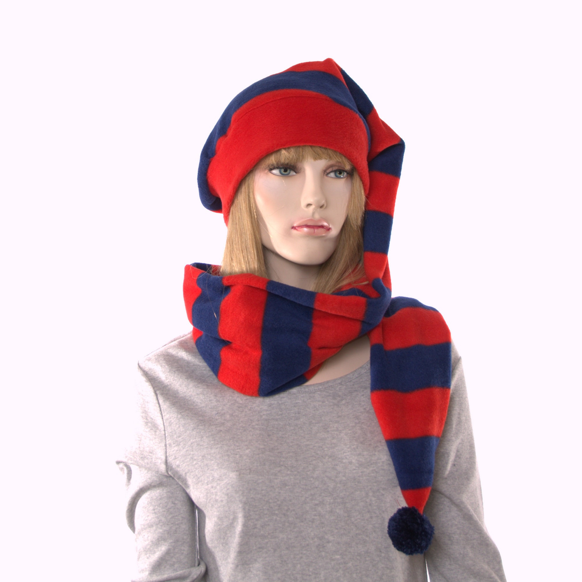 Long Stocking Cap Wrap Around Scarf Hat With Red Blue Stripes Headband ...