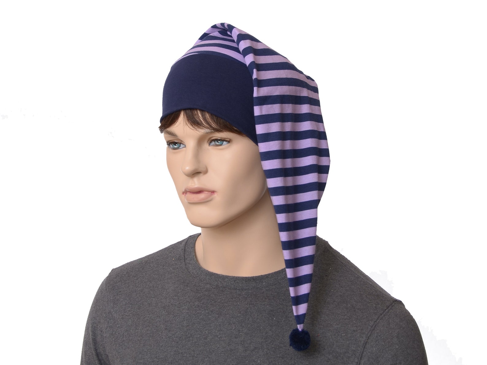 Night Cap Navy Blue Purple Striped Cotton Nightcap With Pompom Adult ...