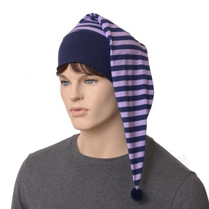 Night Cap Navy Blue Purple Striped Cotton Nightcap With Pompom Adult ...