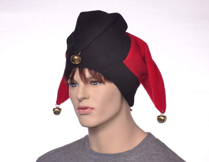 Red Black Jester Hat With Gold Bells Fleece Harlequin Cap | Etsy