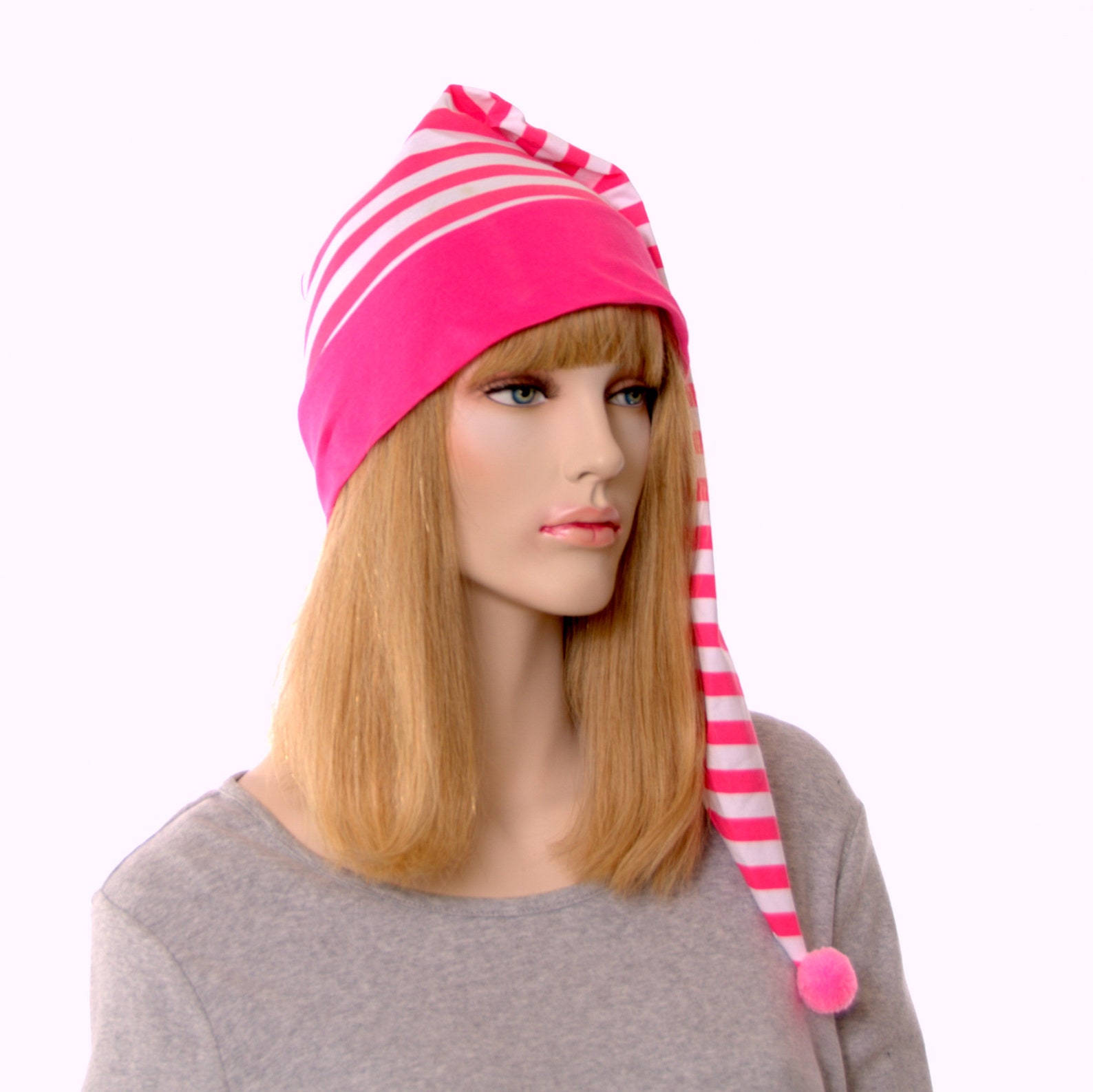 Nightcap Hot Pink White Striped Night Cap With Pompom Cotton - Etsy