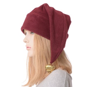 Burgundy Jester Hat Fleece Harlequin Cap Two Point Gold Oversized Bells ...