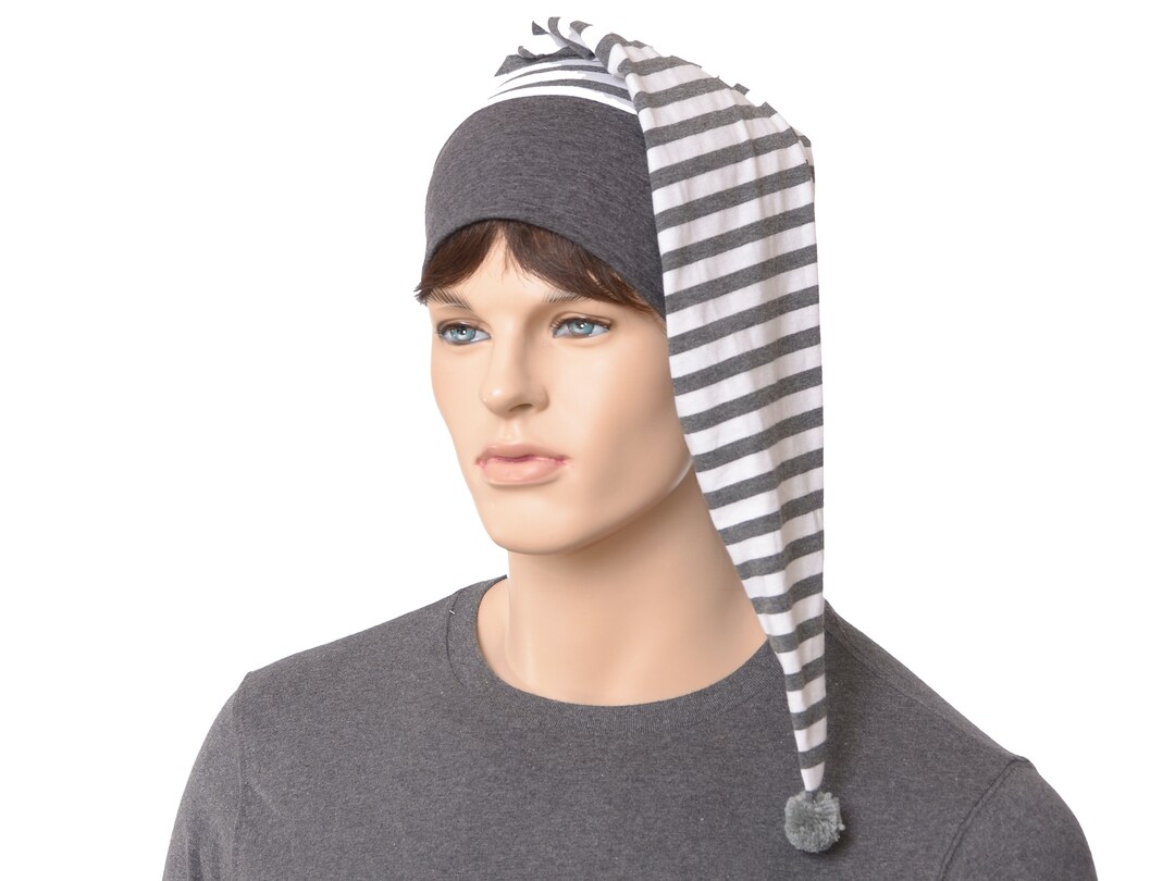 Nightcap Elf Cap Gray White Stripes Night Cap With Pompom Cotton Adult ...