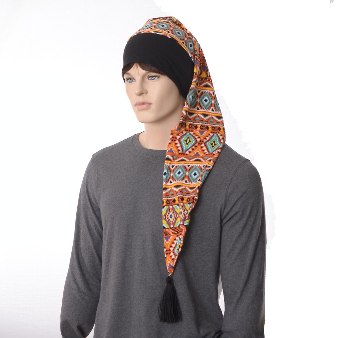 Boho Elf Hat Nightcap: Geometric Tribal Print, Soft Cotton Sleeping Cap ...