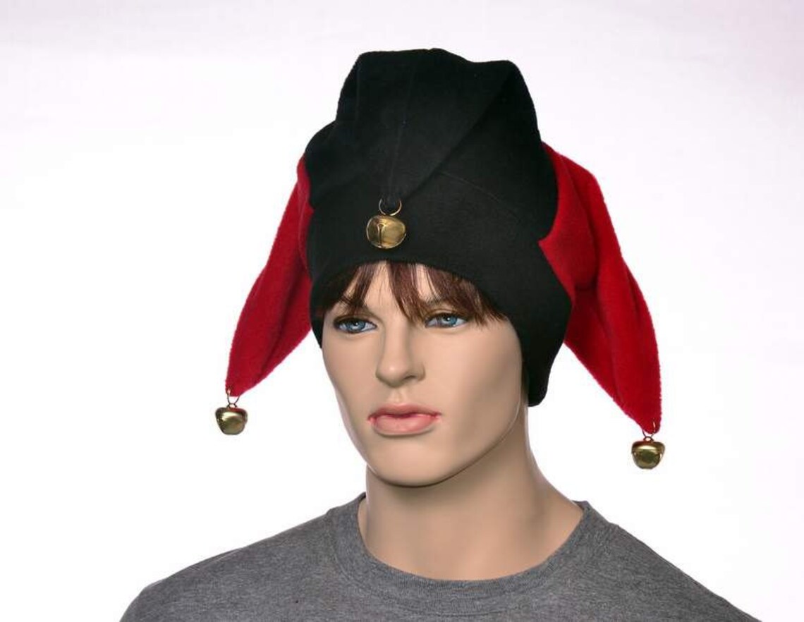 Red Black Jester Hat With Gold Bells Fleece Harlequin Cap | Etsy