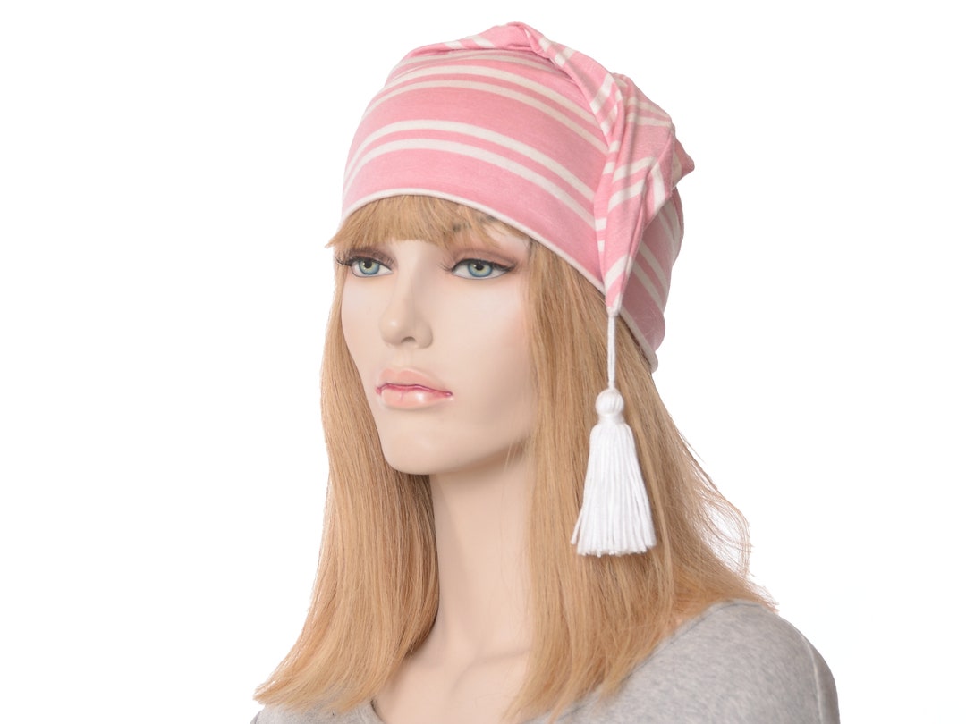 Night Cap Pink White With Tassel Traditional Cotton Soft Adult Men ...